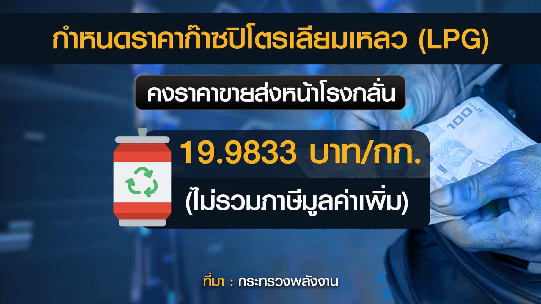 กบง. ตรึงราคาก๊าซหุงต้ม LPG 408 บาท/ถัง อีก 2 เดือน