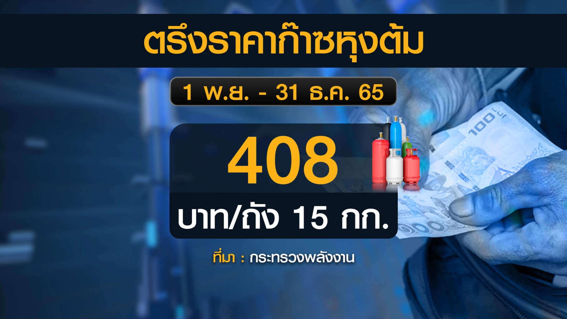 กบง. ตรึงราคาก๊าซหุงต้ม LPG 408 บาท/ถัง อีก 2 เดือน